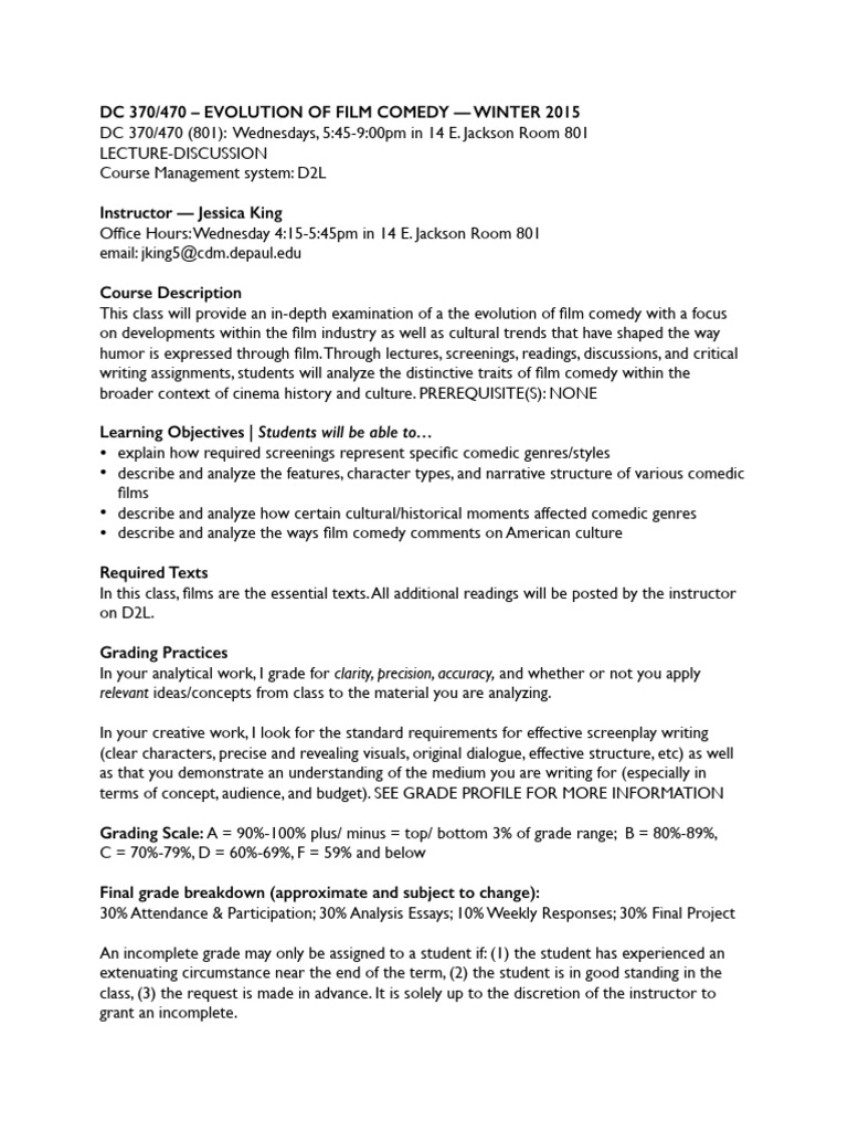 Evolution of Film Comedy Syllabus- KING | PDF | Screenplay | Course ...