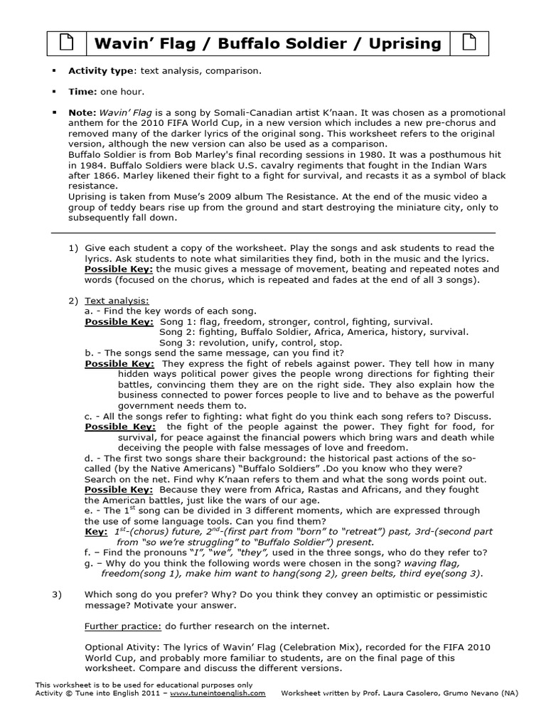 Wavin' Flag / Buffalo Soldier / Uprising: This Worksheet Is To Be Used ...