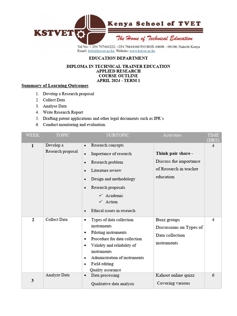 Applied Research Course Outline - APRIL 2024 | PDF | Data Analysis | Data