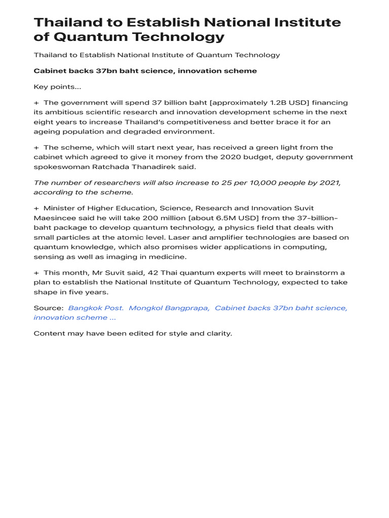 Thailand To Establish National Institute of Quantum Technology - The ...