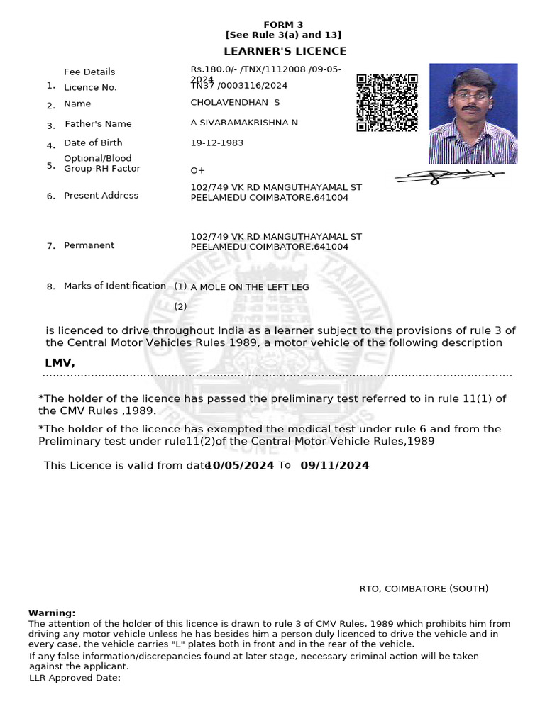 Learner'S Licence: Form 3 (See Rule 3 (A) and 13) | PDF | Law | Technology & Engineering