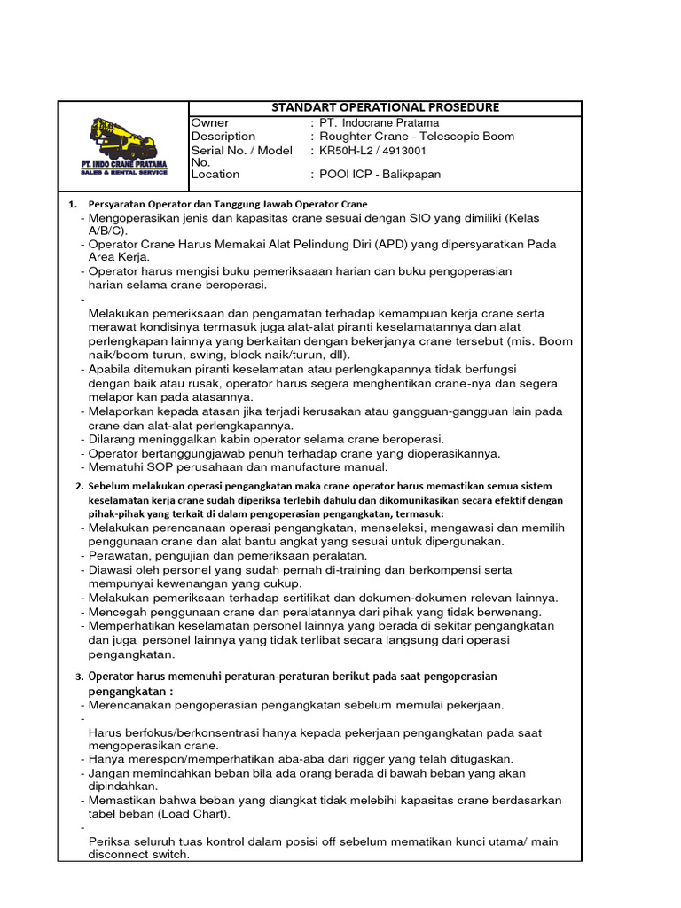 Sop Operator Crane KR50H-L2 | PDF