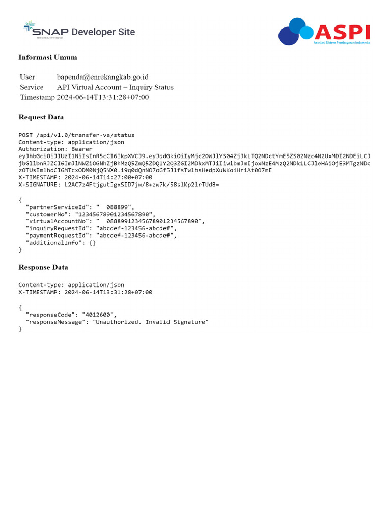 API Virtual Account - Inquiry Status (-) | PDF