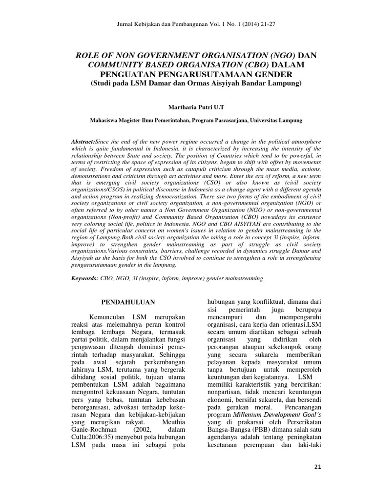 Role of Non Governmen Organisation NGO Dan Community Based Organisation CBO Dalam Penguatan ...