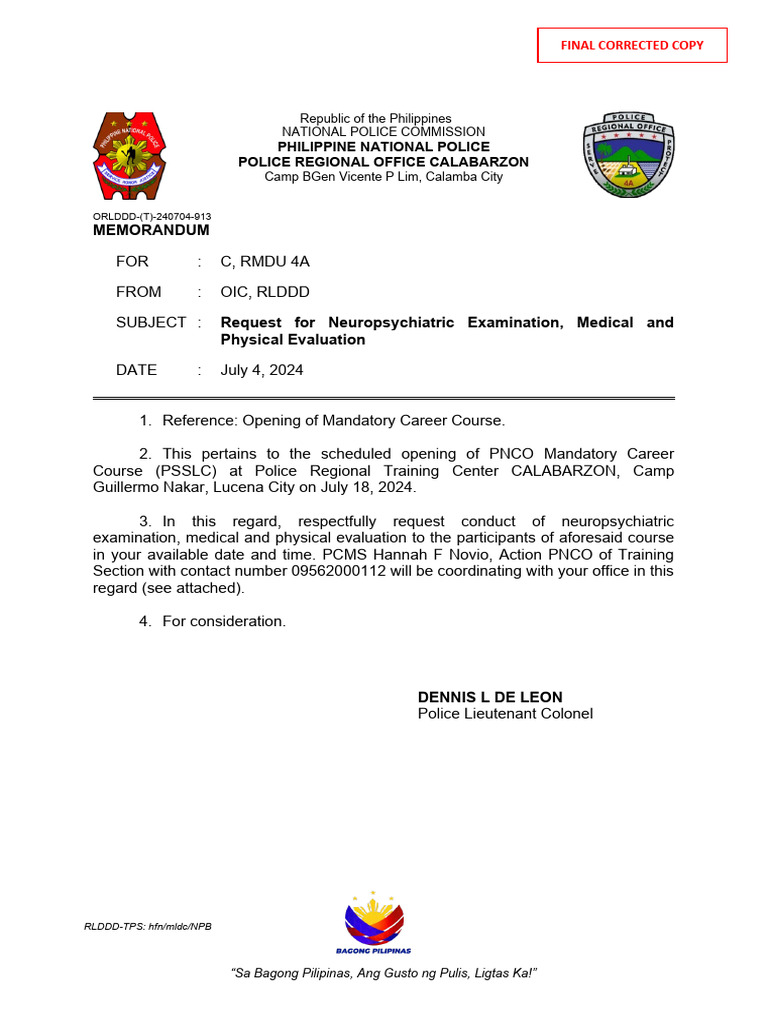 Request Medical and Neuropsychiatric Examinations To PSSLC | PDF