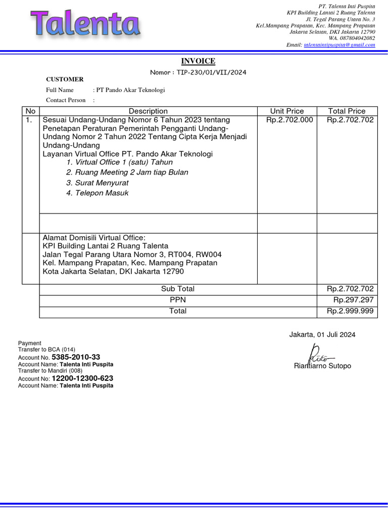 230~Invoice Virtual Office PT Pando Akar Teknologi | PDF