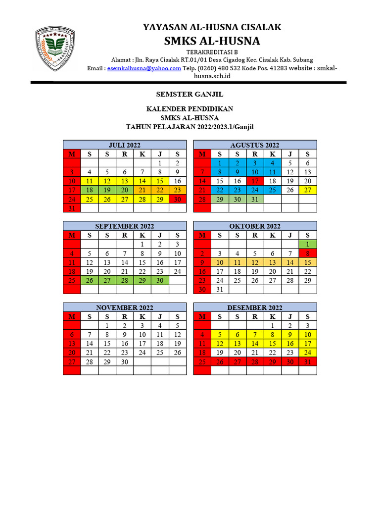 KALENDER PENDIDIKAN SMK AL-HUSNA Semester Ganjil | PDF