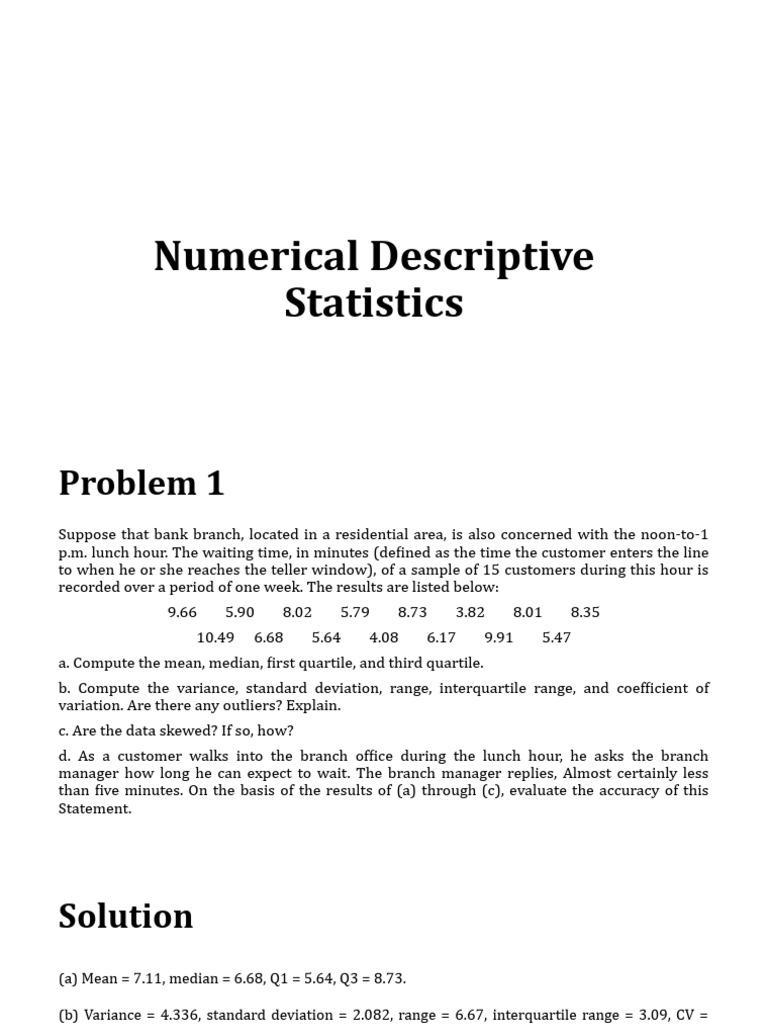 Numerical Descriptive Sample Practice | PDF | Quartile | Skewness