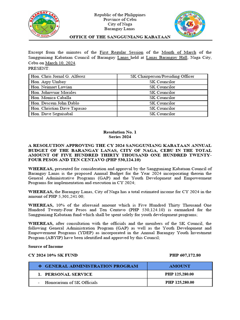 Resolution No. 1 Series of 2024 2024 Sk Annual Budget Lanas | PDF