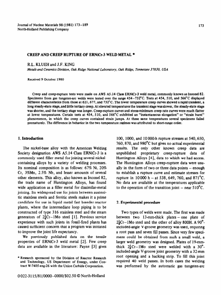 Inconel 82 Properties | PDF | Creep (Deformation) | Welding