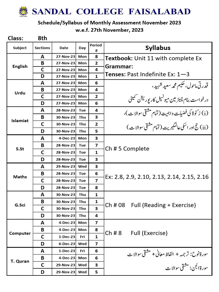 8th Grade Monthly Assessment Schedule | PDF | Linguistics | Languages