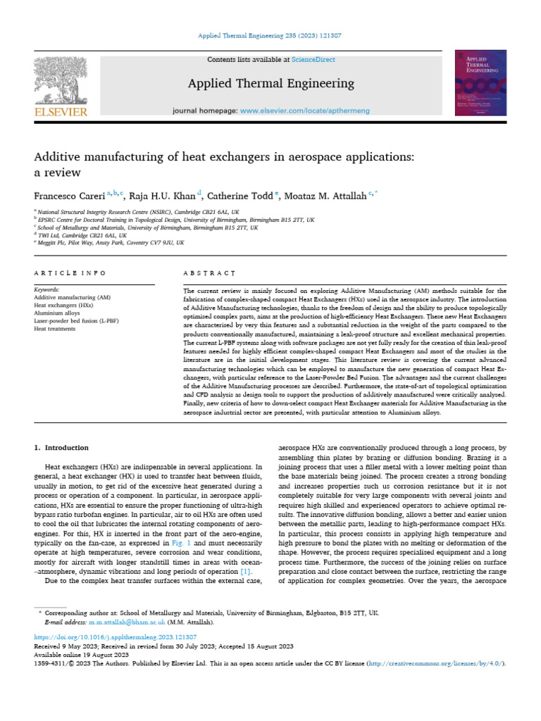 Careri AM of Heat Exchangers in Aerospace Applications A Review App ...