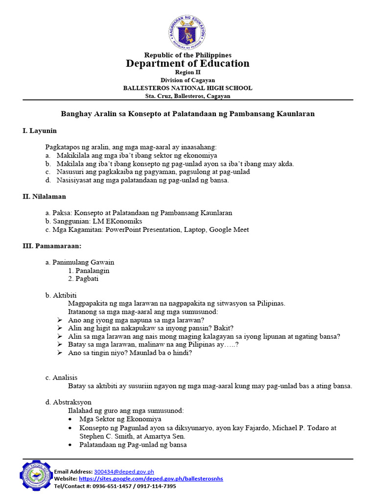 Banghay Aralin Sa Konsepto at Palatandaan NG Pambansang Kaunlaran | PDF Banghay Aralin Sa Konsepto at Palatandaan NG Pambansang Kaunlaran | PDF
