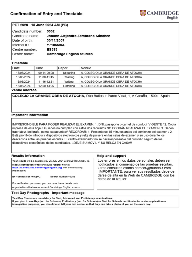 Confirmation of Entry and Timetable | PDF