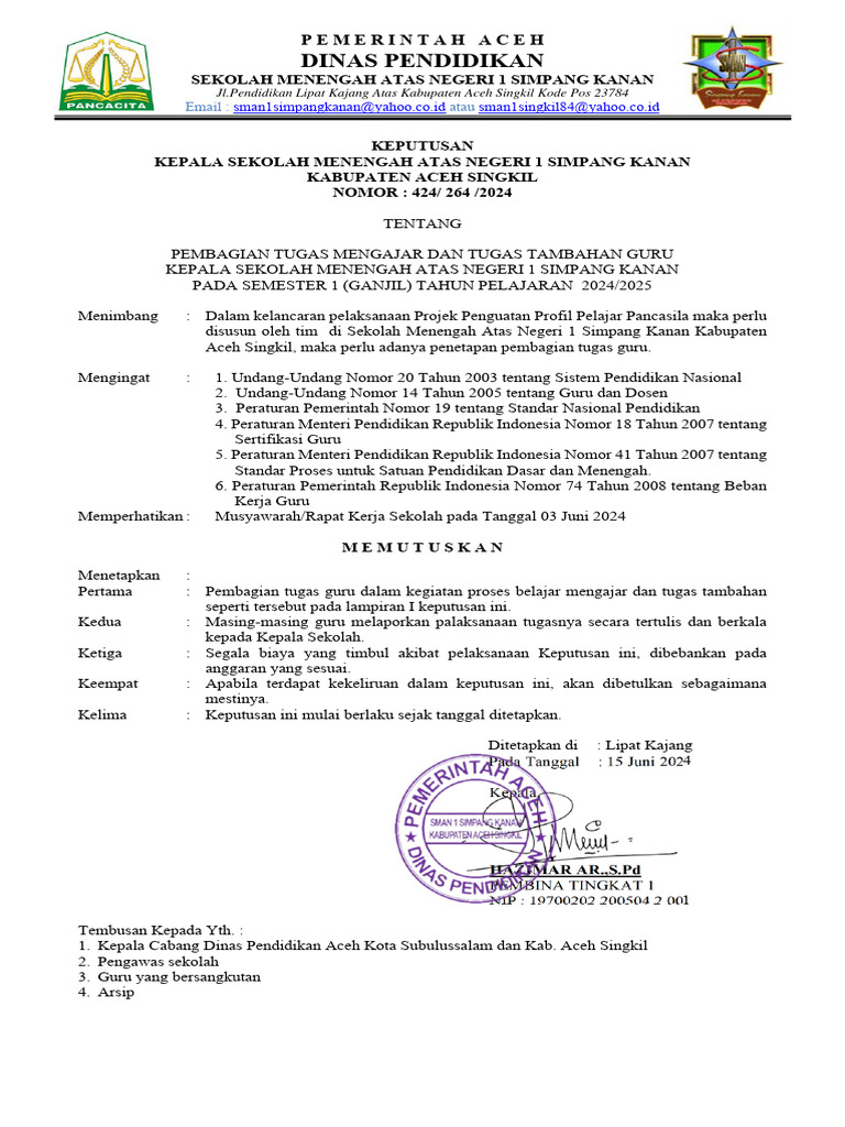SK Pembagian Tugas Sem. Ganjil TP. 2024-2025 | PDF