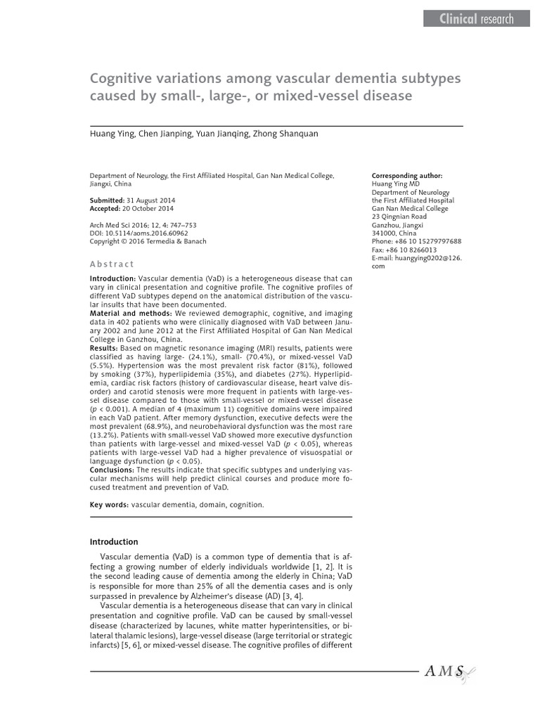 Ying 2016 - Cognitive Variations Among Vascular Dementia Subtypes ...