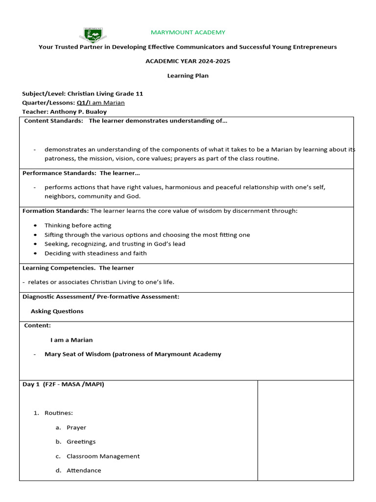 1st Quarter Week 1 Learning Plan 24-25 | PDF | Mary, Mother Of Jesus | Learning
