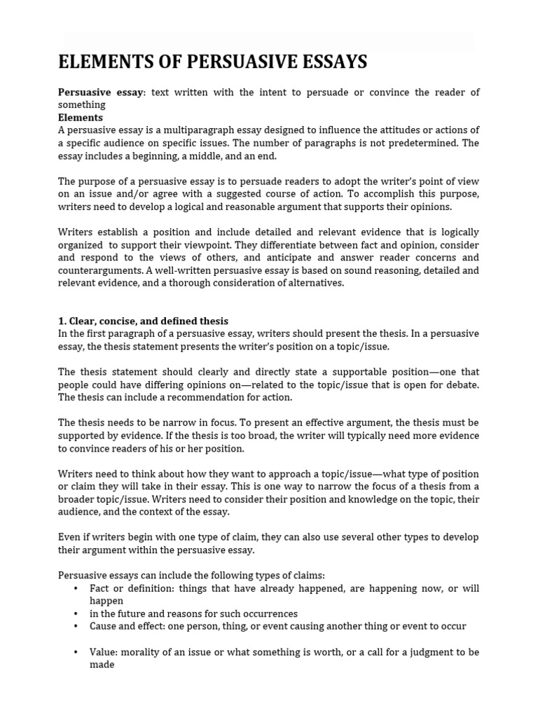 Persuasive Essay Elements | PDF | Essays | Reason