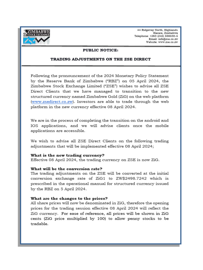 Public Notice Trading Adjustments On ZSE Direct April 2024 | PDF ...