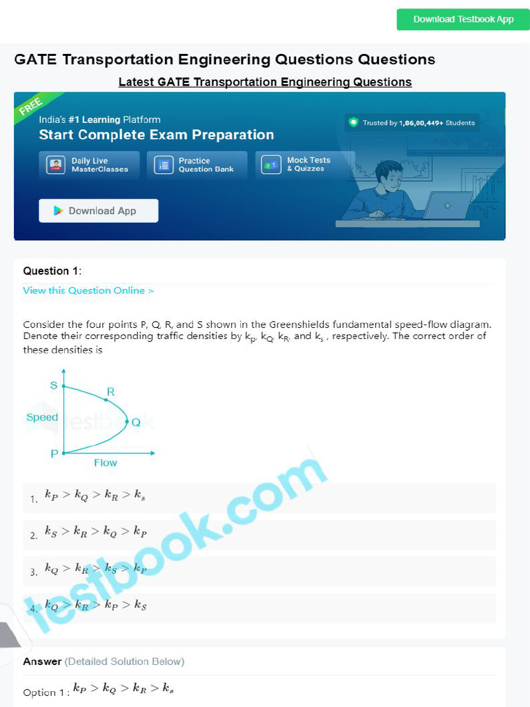 Gate Transportation Engineering Questions 63914e203b9fef3bff98b2bc | PDF