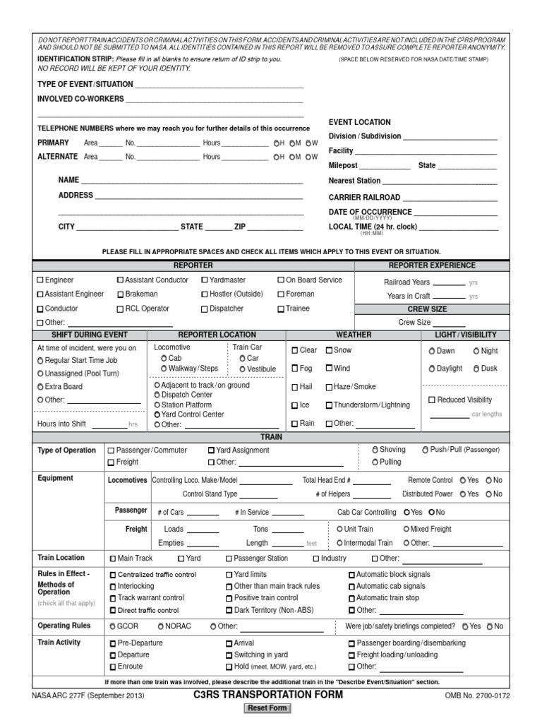 C3RS Railroad Safety Reporting Form | PDF | Train | Rail Freight Transport