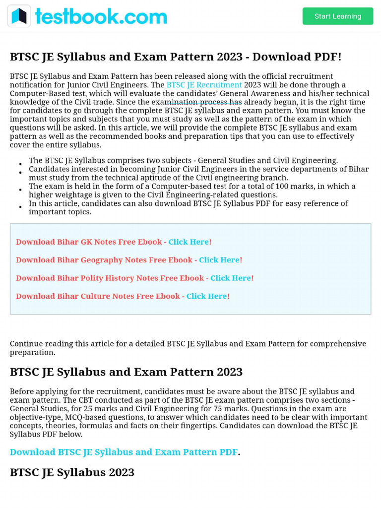 BTSC JE Syllabus and Exam Pattern 2023 - Download PDF! | PDF