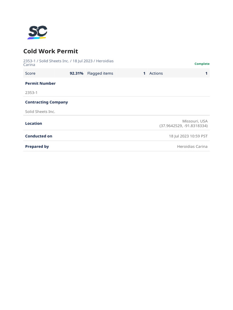 Cold Work Permit Sample Report | PDF | Personal Protective Equipment ...