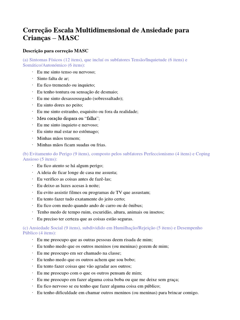 Correção da Escala MASC para Ansiedade Infantil | PDF | Ansiedade | Medo