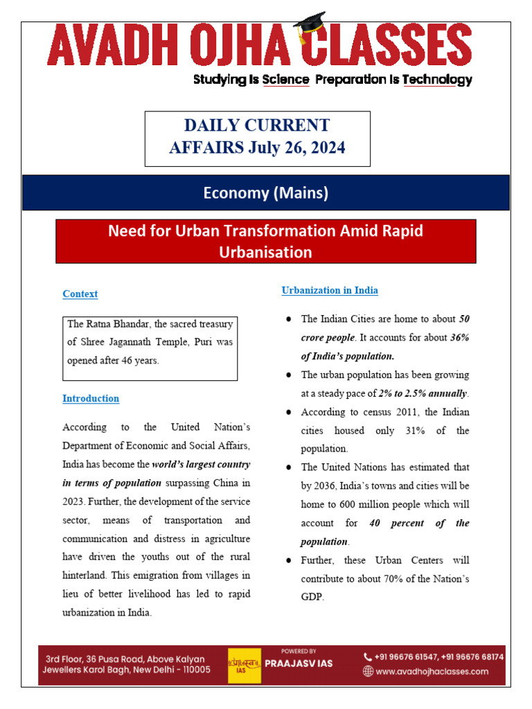 Economy (Mains) Need For Urban Transformation Amid Rapid Urbanisation ...