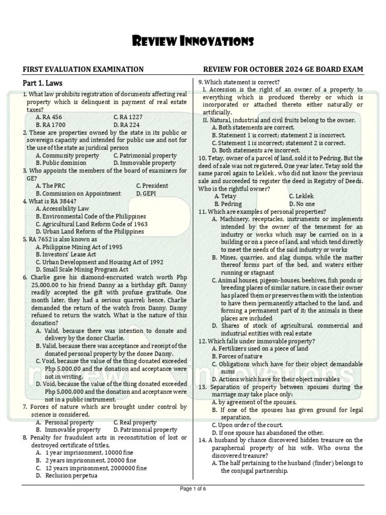 Ge Board 2024 Eval Exam 1 Questions | PDF | Civil Law (Common Law) | Justice