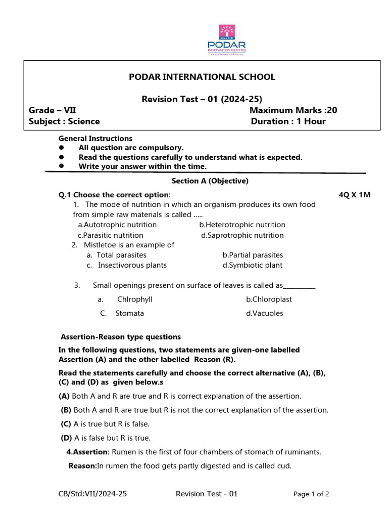 EVS 7 Revision Question Paper 2024-25 | PDF | Digestion | Stomach