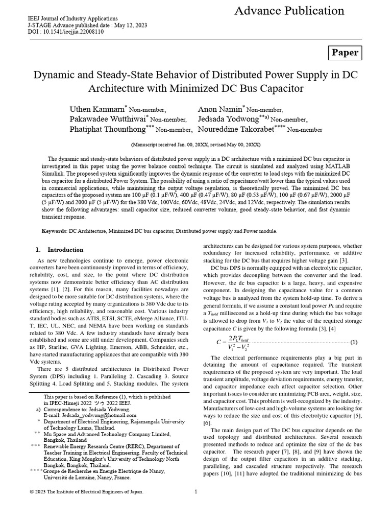 Dynamic and Steady-State Behavior of Distributed Power Supply in DC Architecture With Minimized ...