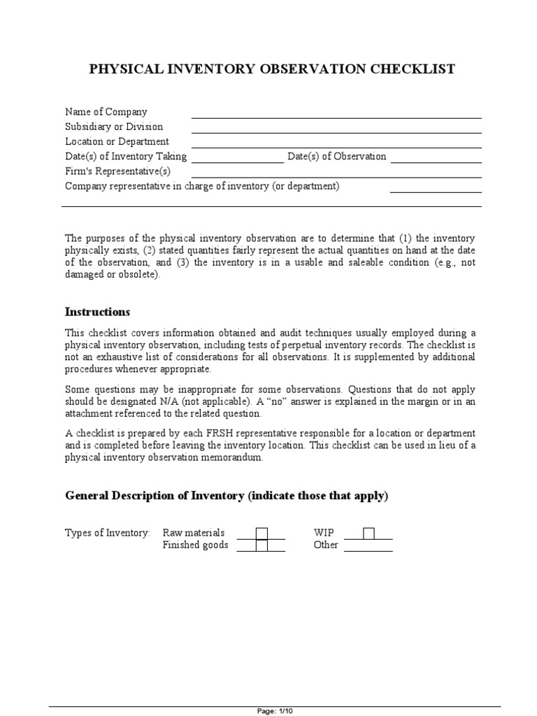 Physical Inventory Observation Checklist | Inventory | Invoice