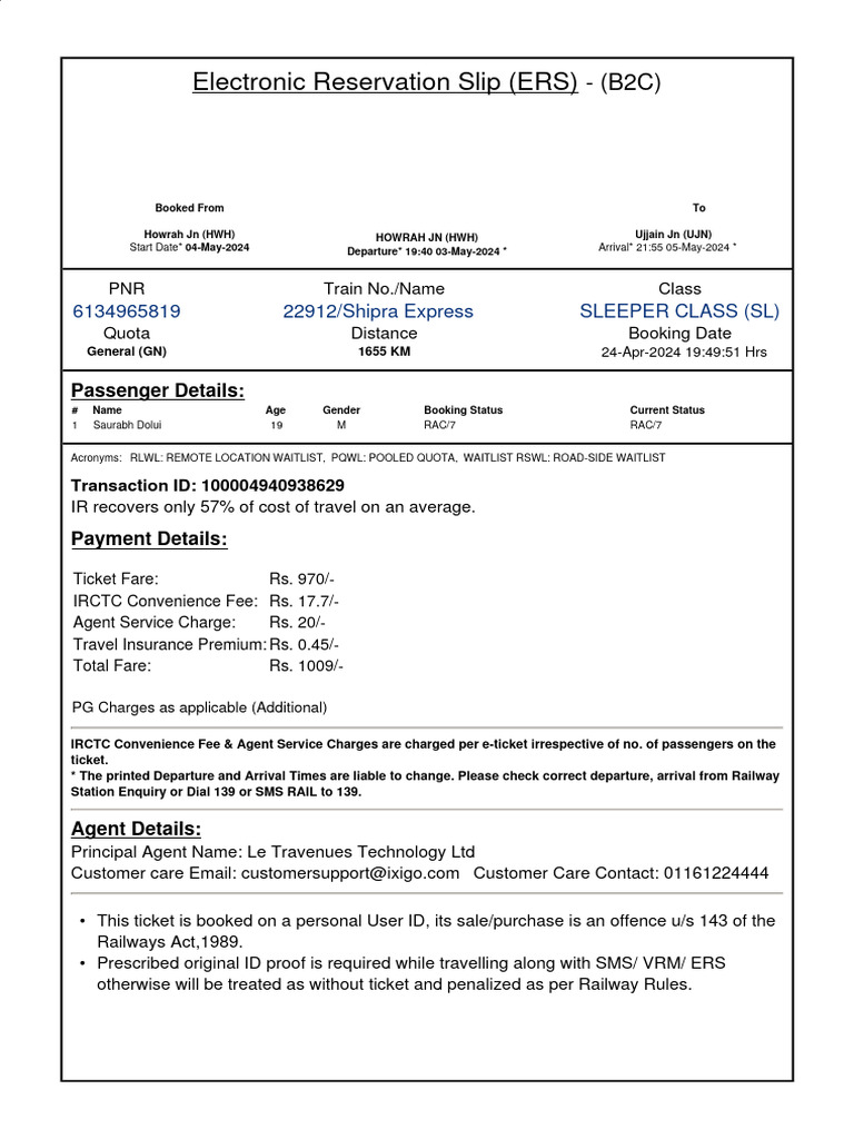 Electronic Reservation Slip (ERS) : 6134965819 22912/shipra Express ...