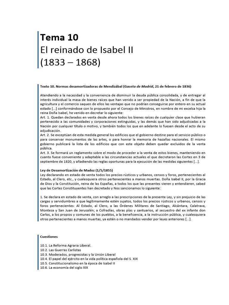 Tema 10 El Reinado de Isable II | PDF | España | Gobierno de españa