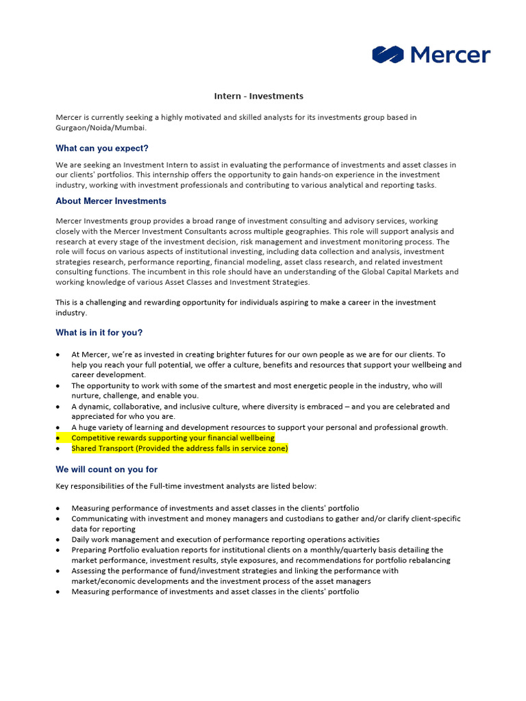 JD - Mercer Investments - IMI New Delhi | PDF | Asset Allocation ...