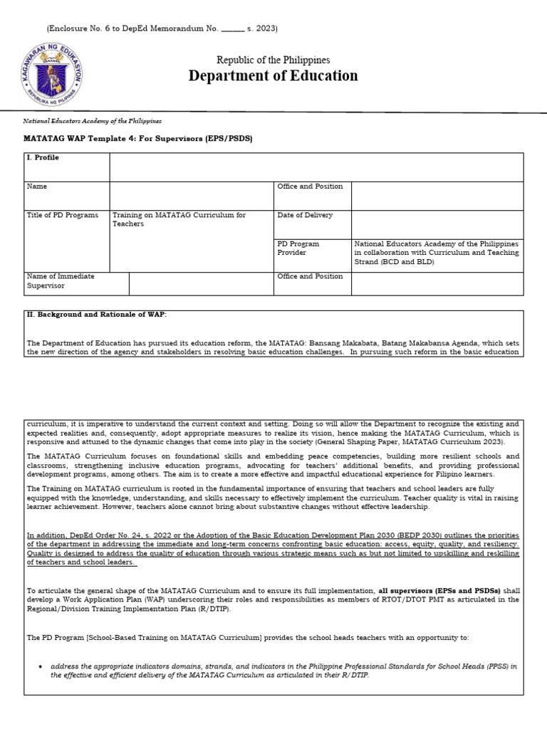 Final - MATATAG WAP Template 4 - 4A - 4B - For EPS - PSDS - SessionNo15 - Leah B. Apao | PDF ...