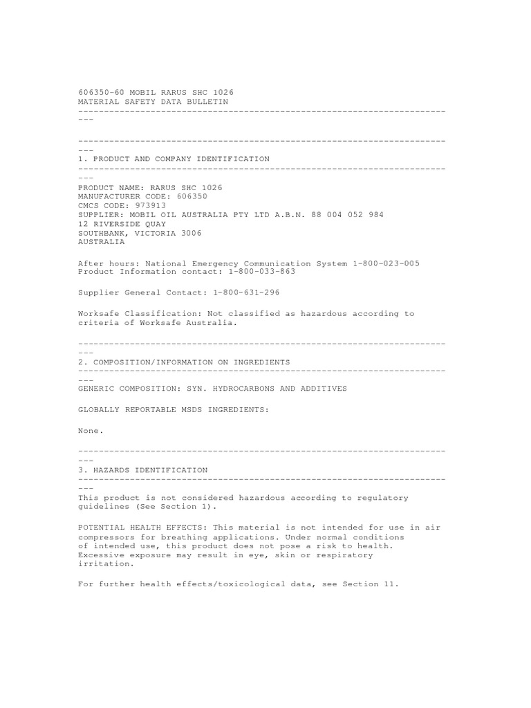 Mobil Rarus SHC 1026 Safety Data Sheet | PDF | Firefighting | Firefighter