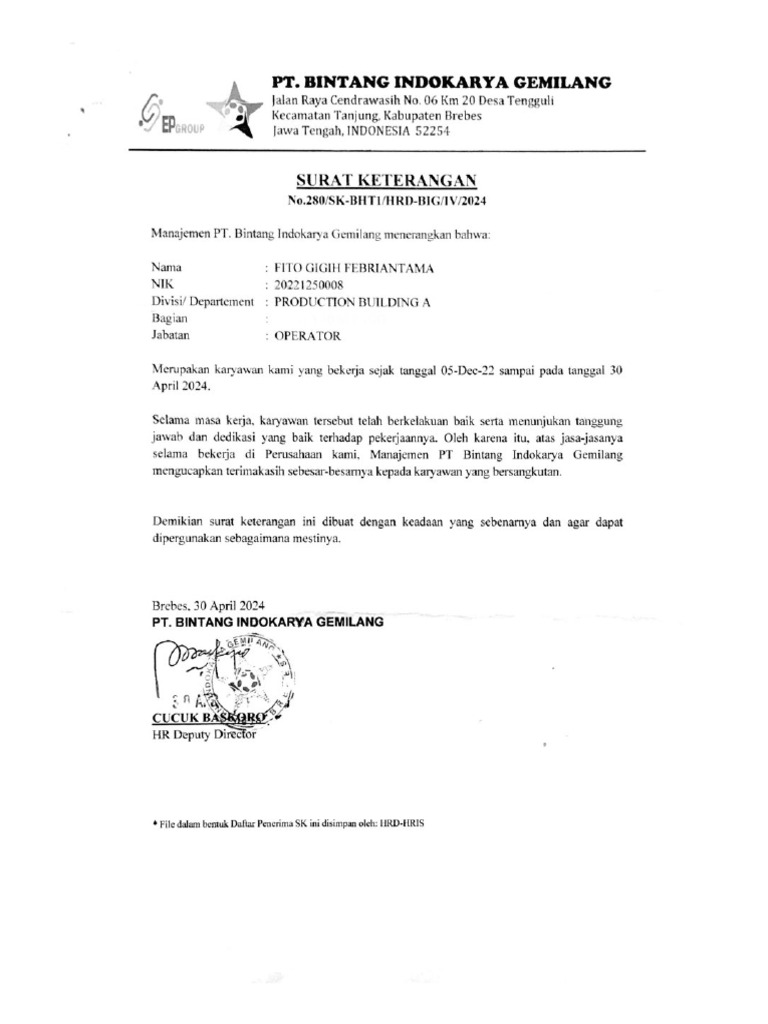 Pt. Bintang Indokarya Gemilang | PDF