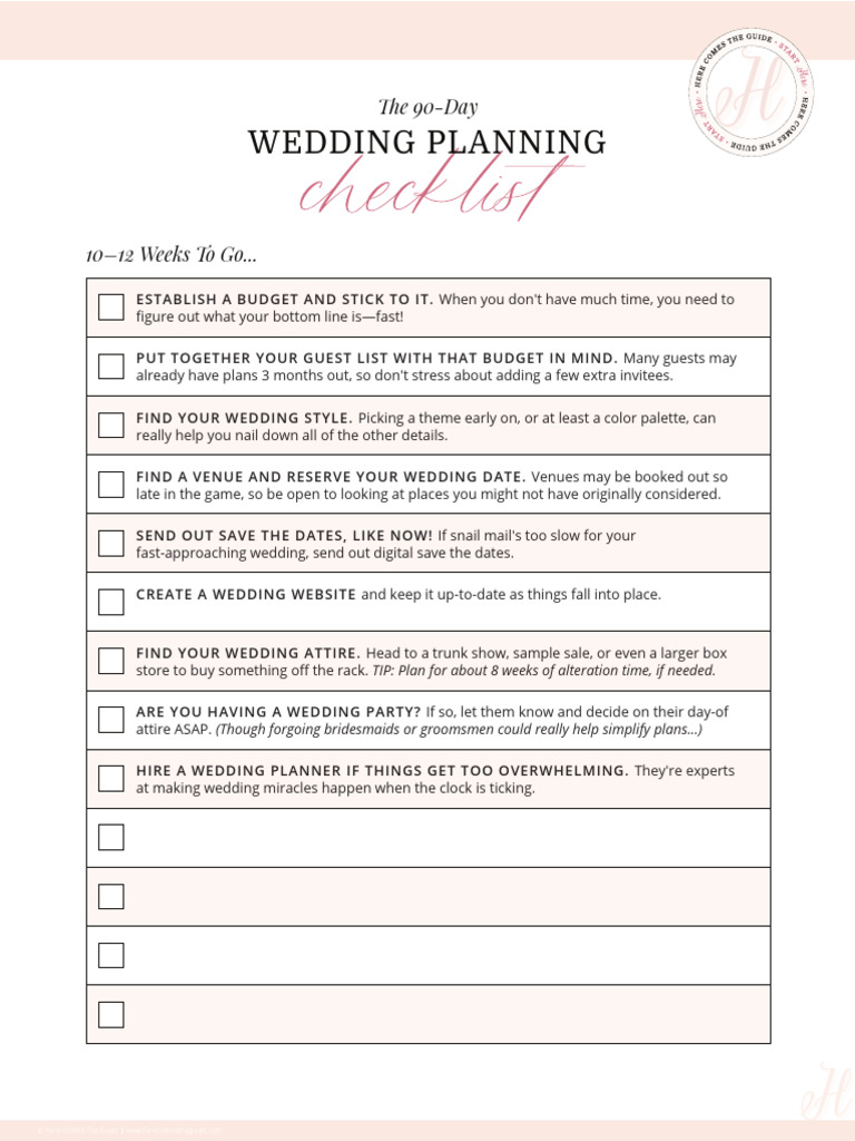 90 Day Wedding Checklist Worksheet | PDF | Wedding | Marriage