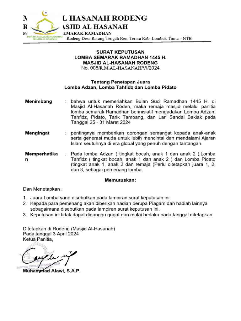 Surat Keputusan Penetapan Juara Lomba Masjid Rodeng | PDF