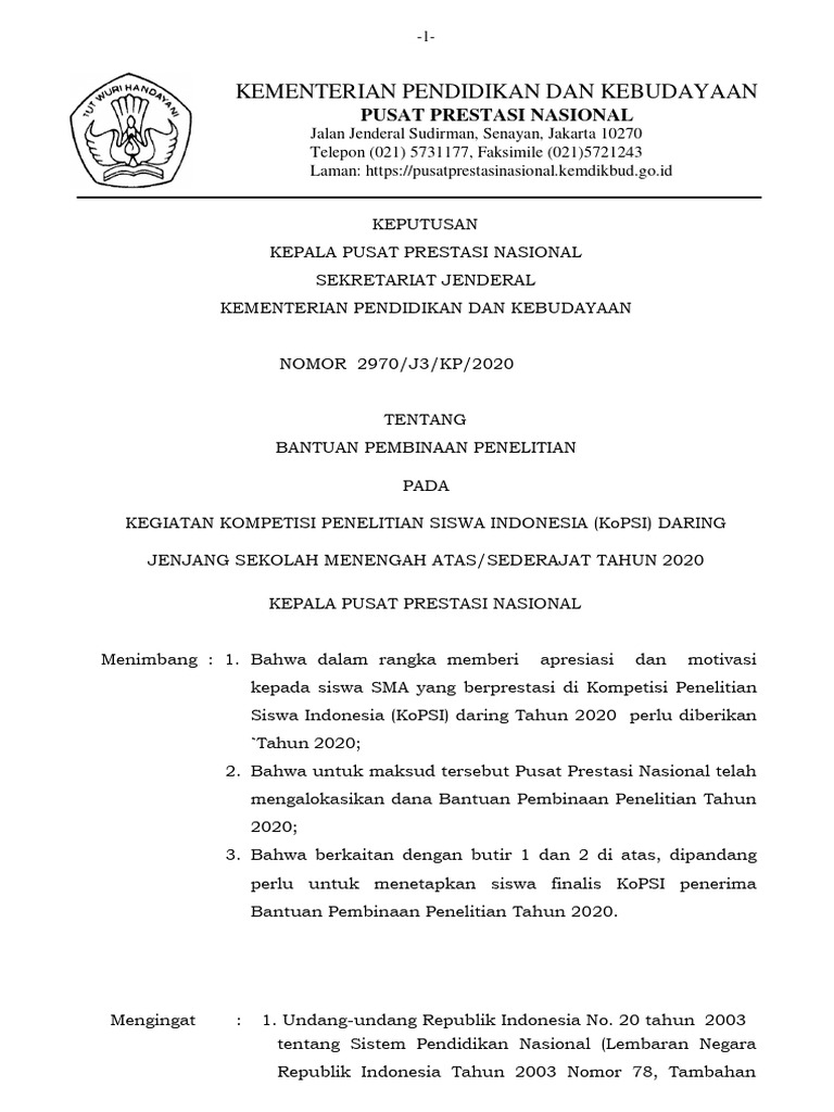 SK Bantuan Pembinaan Penelitian Peserta Kopsi 2020 | PDF