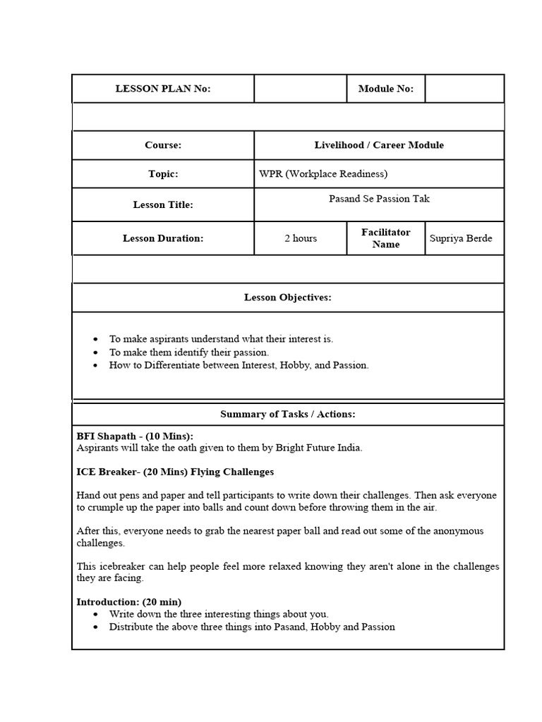 LESSON PLAN Pasand Se Passion Tak | PDF