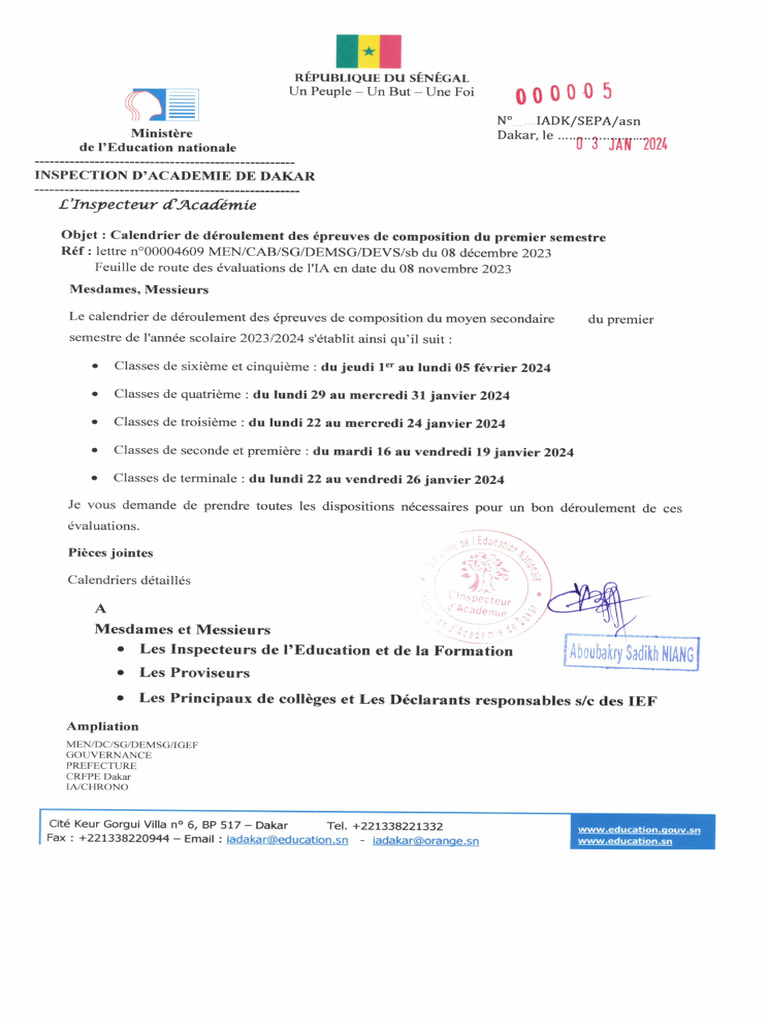 Calendrier de Déroulement Des Evaluations Du 1er Semestre 2024 | PDF