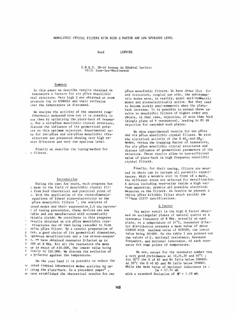 Monolithic Crystal Filters With High Q Factor and Low Spurious Level ...