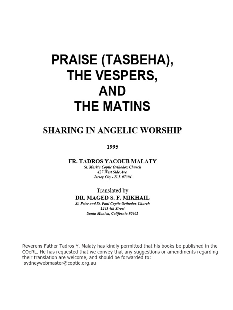 Praise (Tasbeha) The Vespers and The M - Father Tadros Yacoub Malaty ...