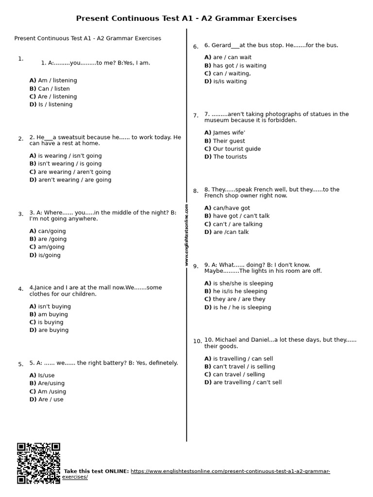 Present Continuous Test A1 A2 Grammar Exercises | PDF
