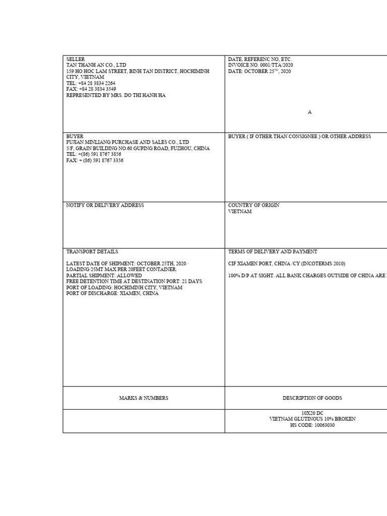 Invoice for Vietnamese Glutinous Rice | PDF