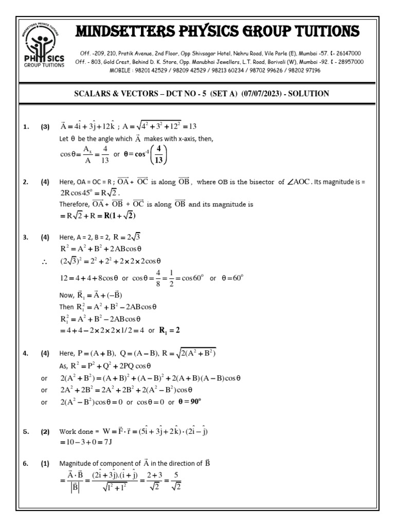 DCT - SCALARS & VECTORS - (SET A) - Solution | PDF | Geometry ...