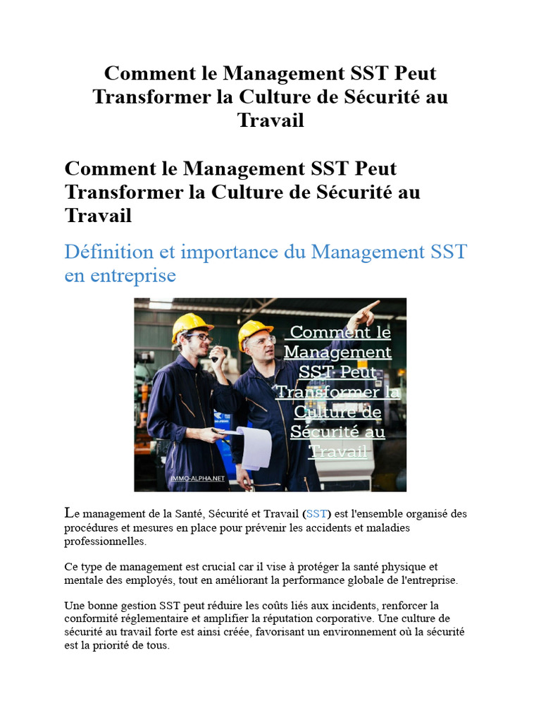 Comment Le Management SST Peut Transformer La Culture de Sécurité Au Travail | PDF | Sécurité ...